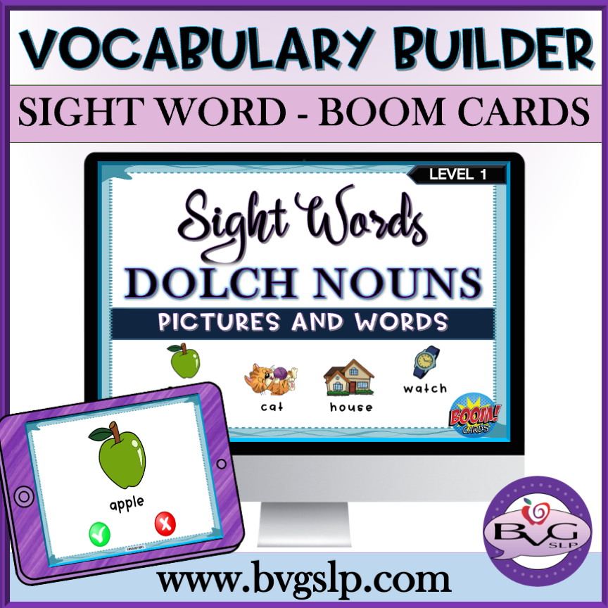 Sight Words Dolch Nouns BOOM Cards Level 1 - BVG SLP